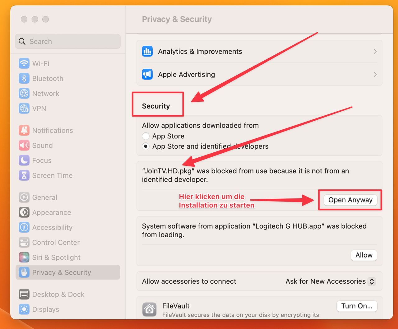 Bestätigen Sie die Installation indem Sie auf den makieren Button "Open ...